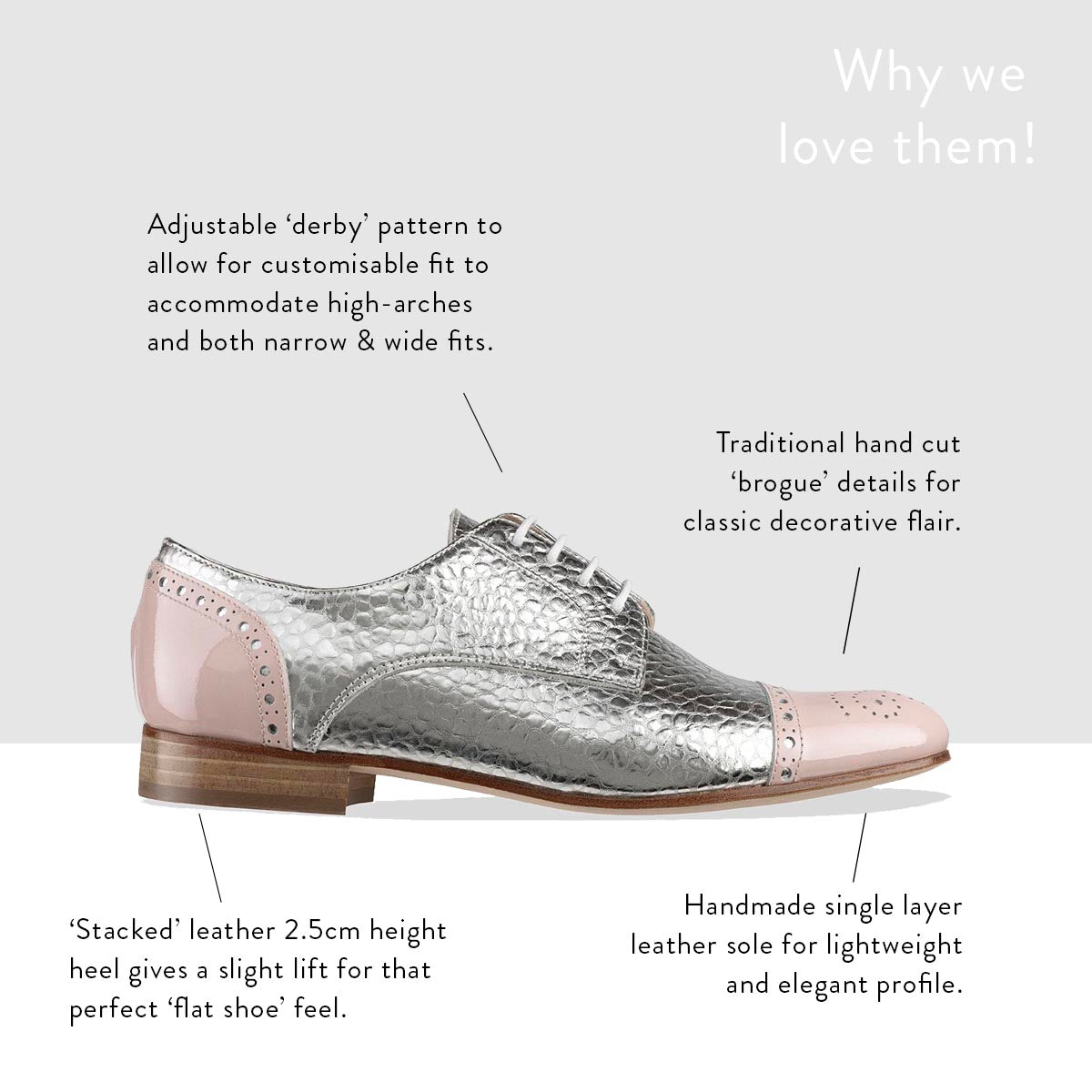 'Nara' Women's silver and pink metallic Leather brogues – Italian lace ...