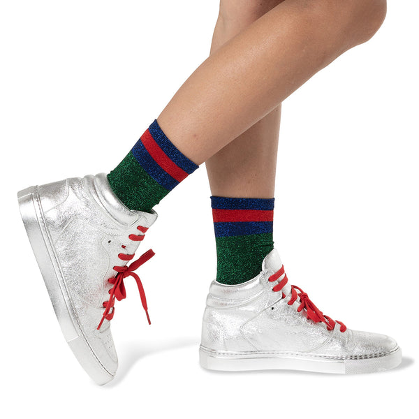 'Varsity' Women's green metallic ankle socks – cotton blend | habbot
